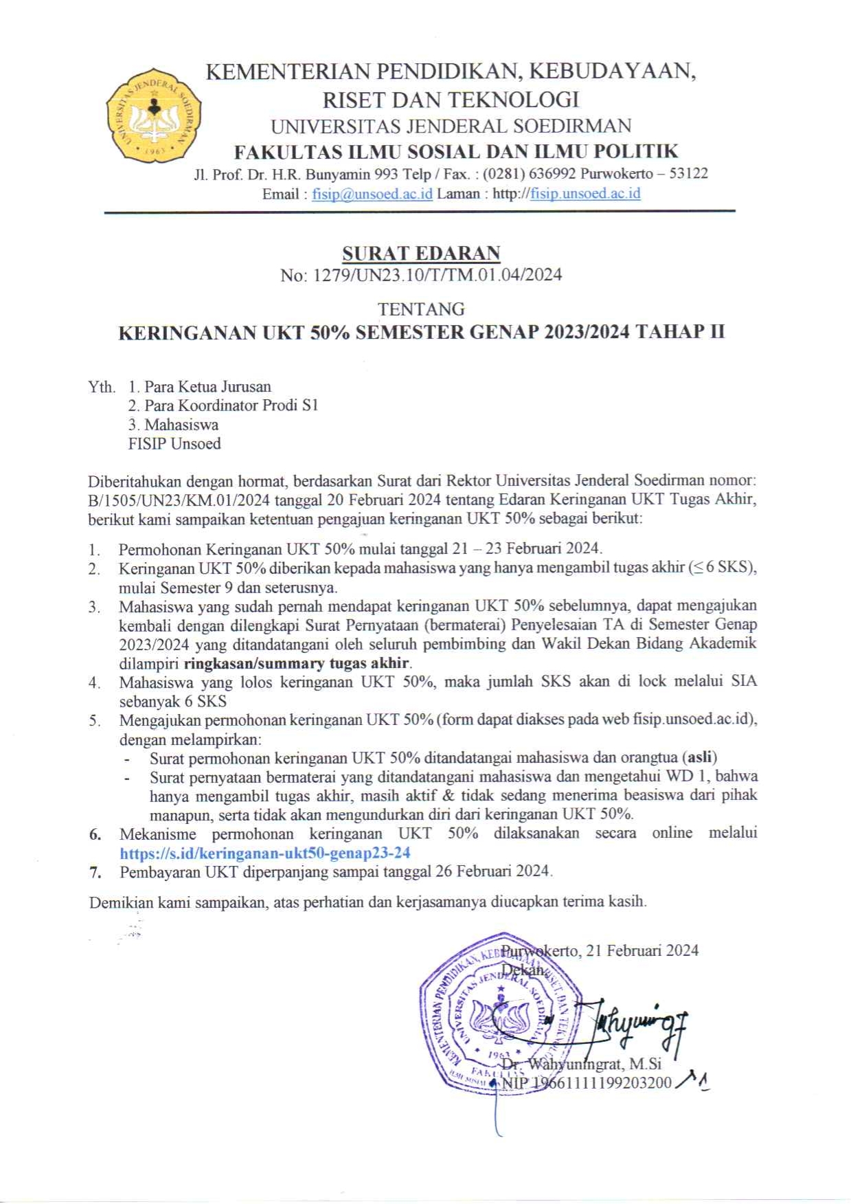 SURAT EDARAN: Keringanan UKT 50% Semester Genap 2023/2024 Tahap II – Fakultas Ilmu Sosial dan ...