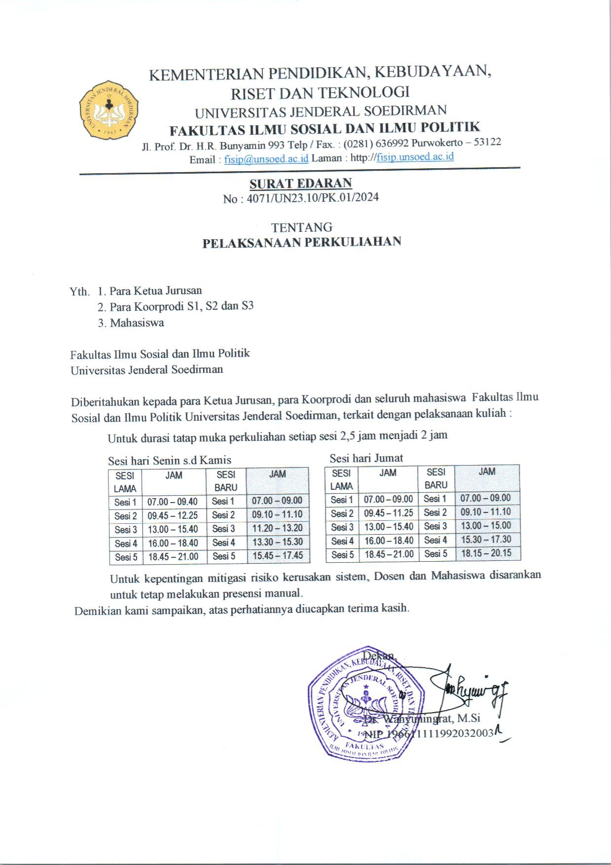 SURAT EDARAN: Pelaksanaan Perkuliahan (Waktu Perkuliahan) – Fakultas Ilmu Sosial dan Ilmu Politik