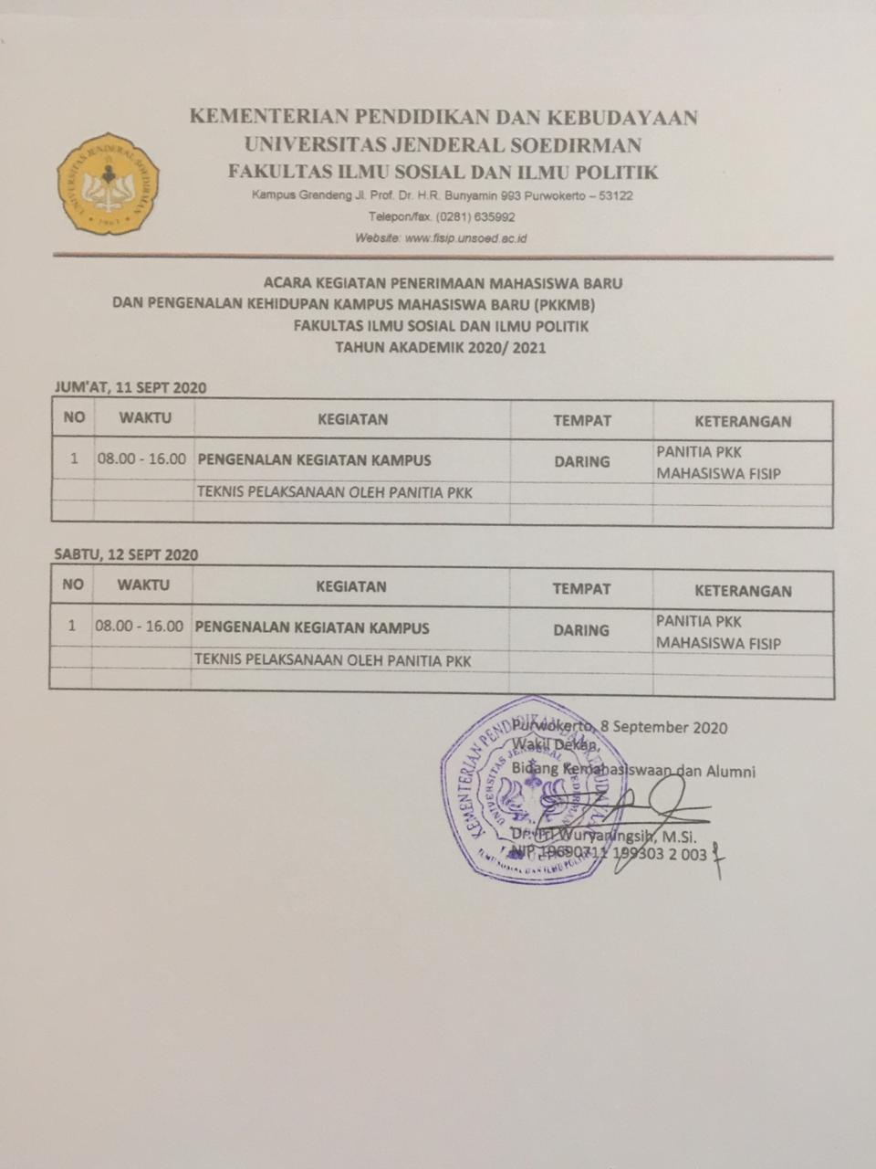 ACARA KEGIATAN PENERIMAAN MAHASISWA BARU - Fakultas Ilmu Sosial dan ...