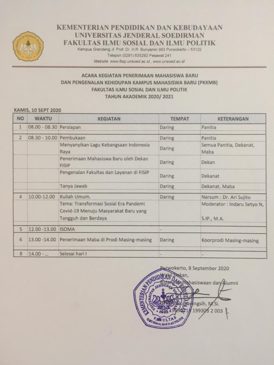 ACARA KEGIATAN PENERIMAAN MAHASISWA BARU - Fakultas Ilmu Sosial dan ...