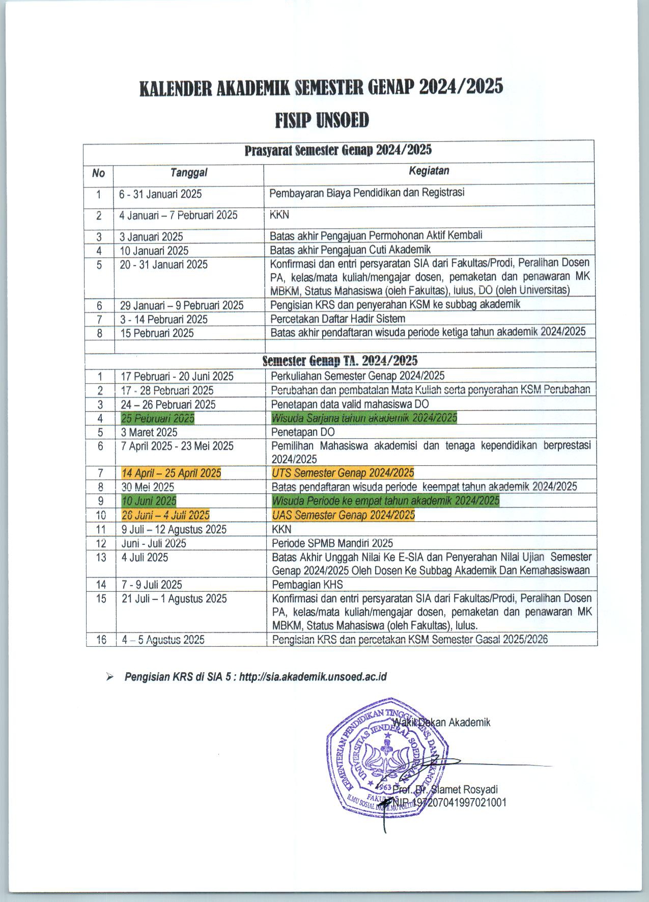 Kalender Akademik Semester Genap 2024/2025 - Fakultas Ilmu Sosial dan Ilmu Politik